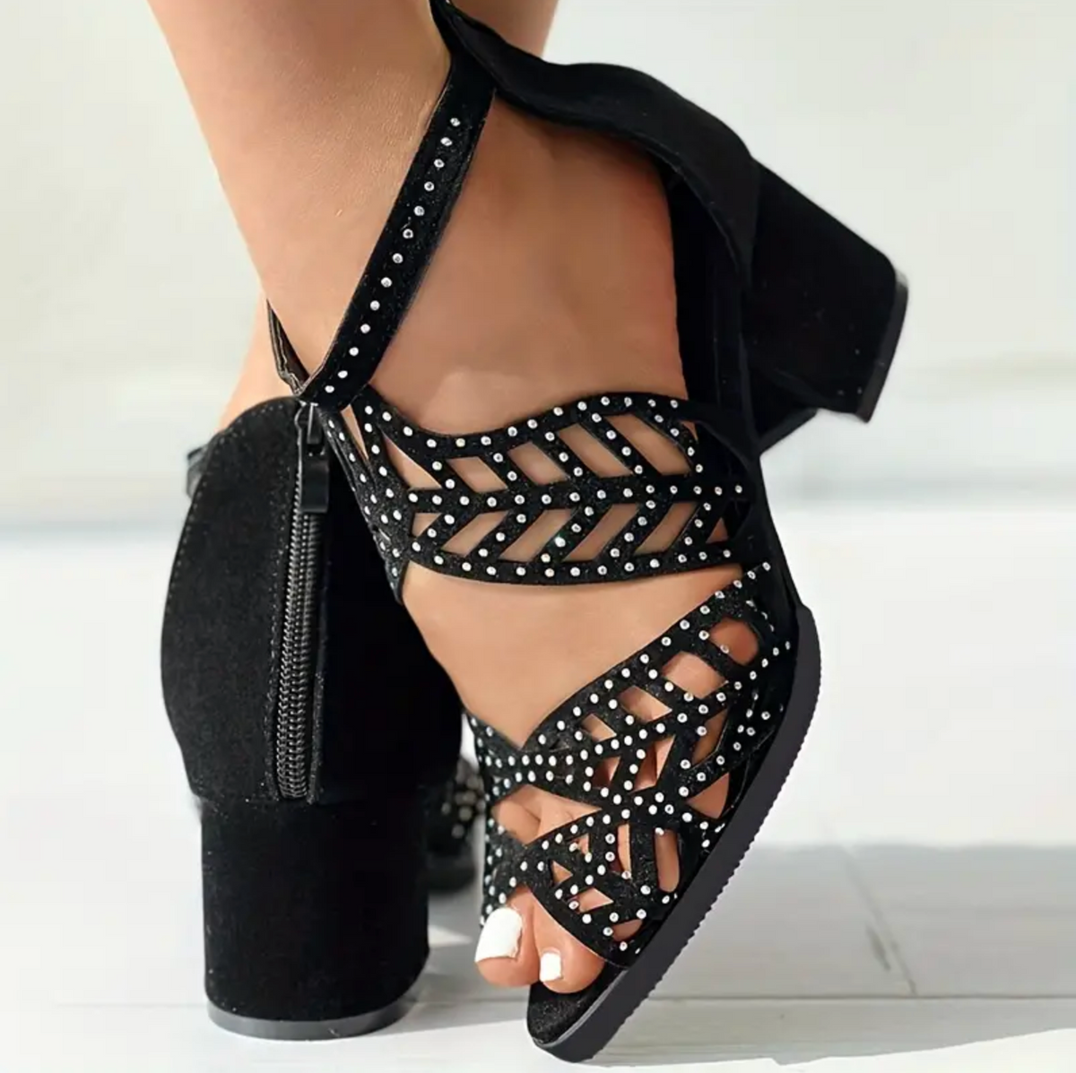 Comelyy Mesh fish mouth shoes thick high heel hollow rhinestone sandal